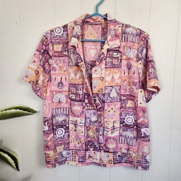 Vintage | Tops | Vintage 99s Pink Short Sleeve Bright Abstract Blouse ...
